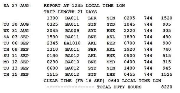 Here's a British Airways roster showing how cabin crew used to do ...