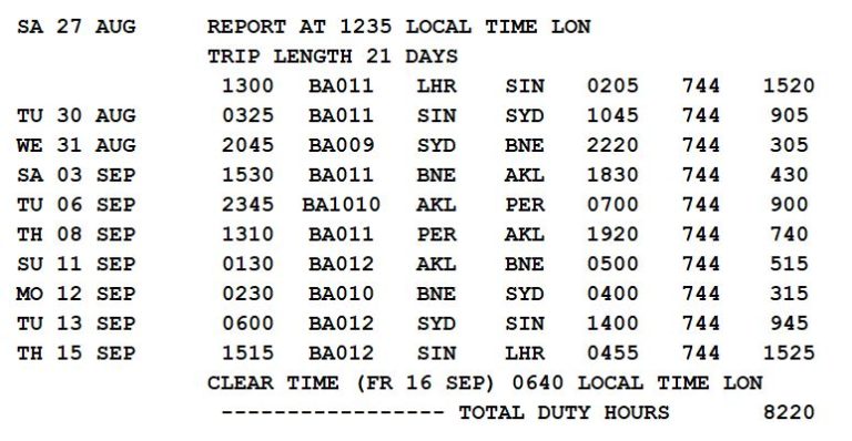 Here's a British Airways roster showing how cabin crew used to do ...