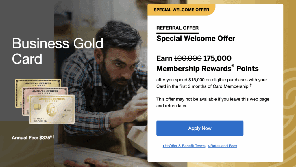 Massive 175,000 points offer on the Amex Business Gold Card ...